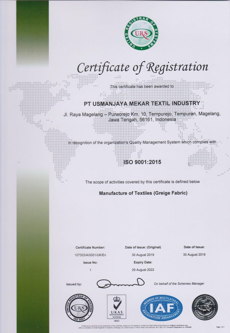 Pencapaian Certified Quality Management System ISO 9001:2015 – usmantex